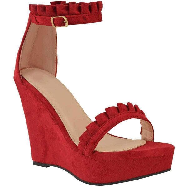 Red Faux Suede Ruffled Platform Wedge | Women's Wedges - Edgy Couture